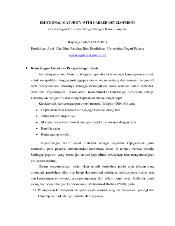 (PDF) Kematangan Emosi dan Pengembangan Karir (Lanjutan) | Raytasya Gifara - Academia.edu