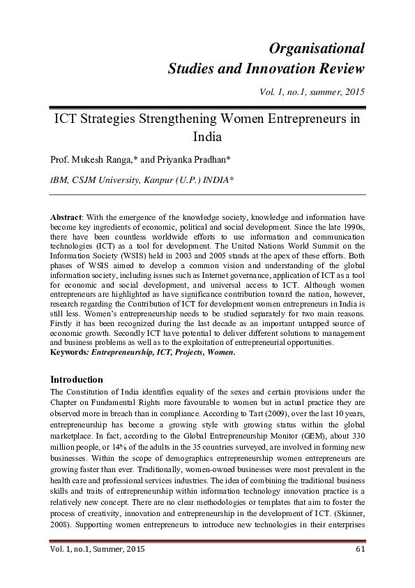 (PDF) ICT Strategies Strengthening Women Entrepreneurs in India | Priyanka Pradhan - Academia.edu