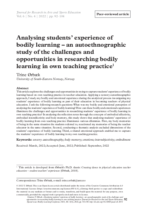 (PDF) Analysing students’ experience of bodily learning – an ...