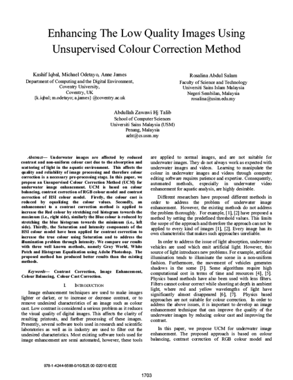 Pdf Enhancing The Low Quality Images Using Unsupervised Colour