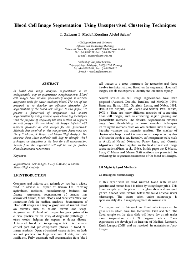 (PDF) Blood cell image segmentation using unsupervised clustering techniques