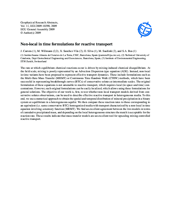 (PDF) Non-local in time formulations for reactive transport