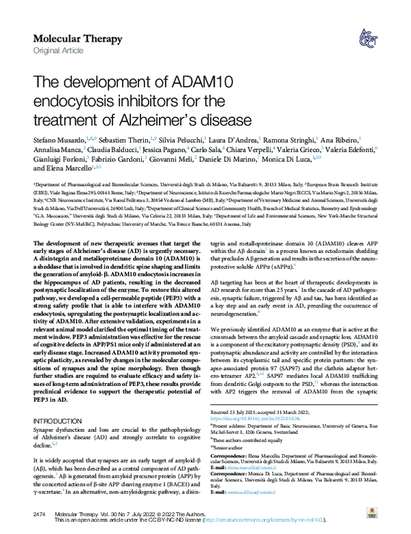 (PDF) The development of ADAM10 endocytosis inhibitors for the ...