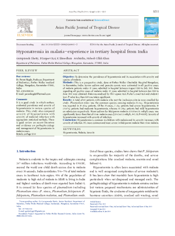 (PDF) Hyponatremia in malaria-experience in tertiary hospital from India | Sanjeev B Rai ...