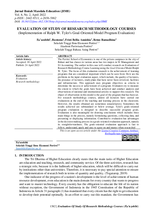 (PDF) Evaluation of Study of Research Methodology Courses (Implementation of Ralph W. Tyler's ...