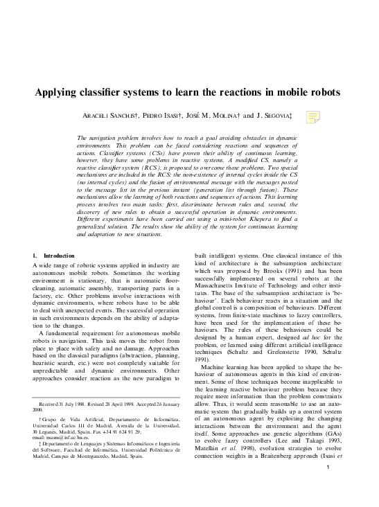 (PDF) Applying classifier systems to learn the reactions in mobile robots