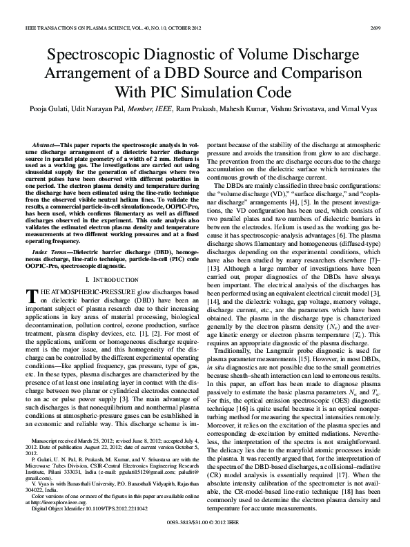 (PDF) Spectroscopic Diagnostic of Volume Discharge Arrangement of a DBD ...