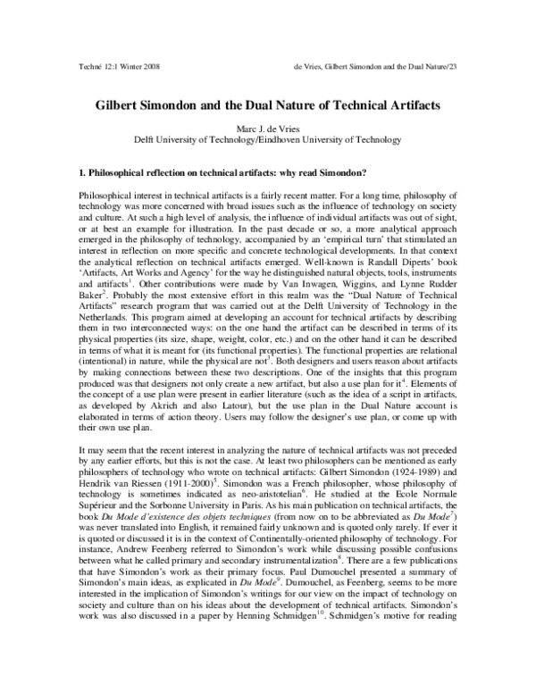 (PDF) Gilbert Simondon and the Dual Nature of Technical Artifacts