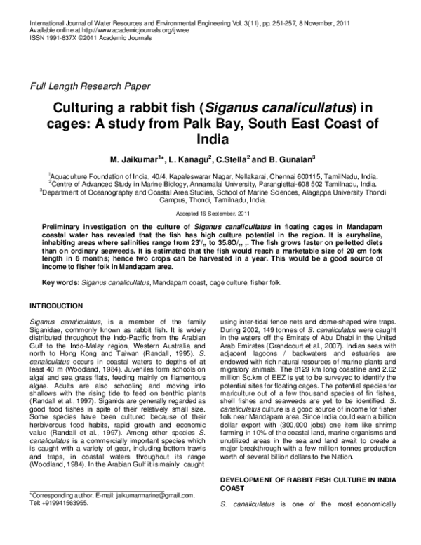 (PDF) Culturing a rabbit fish (Siganus canalicullatus) in cages: A ...