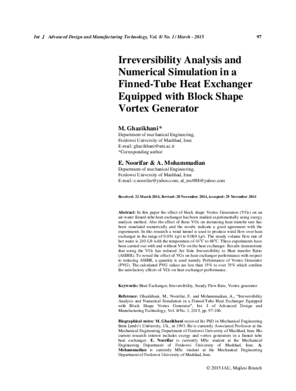 (PDF) Irreversibility Analysis and Numerical Simulation in a Finned-Tube Heat Exchanger Equipped ...