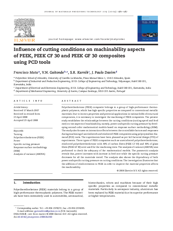 (PDF) Influence of cutting conditions on machinability aspects of PEEK, PEEK CF 30 and PEEK GF ...