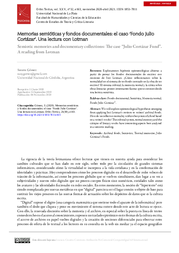 (PDF) Memorias semióticas y fondos documentales: el caso 'Fondo Julio Cortázar'. Una lectura con ...
