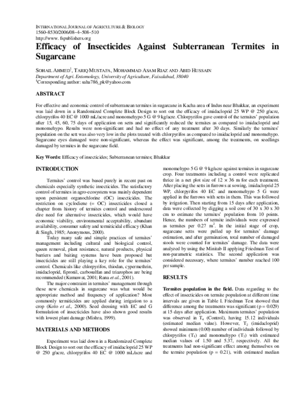 (PDF) Efficacy of Insecticides Against Subterranean Termites In Sugarcane
