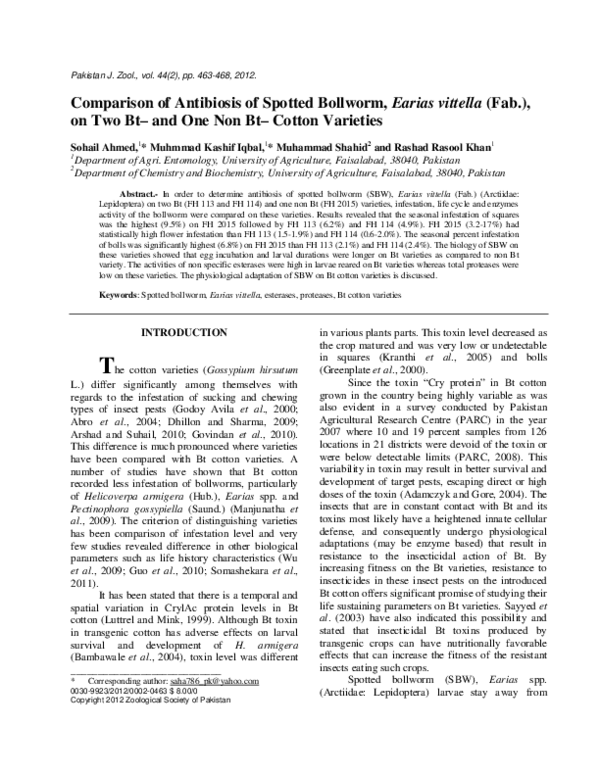 (PDF) Comparison of Antibiosis of Spotted Bollworm, Earias vittella ...