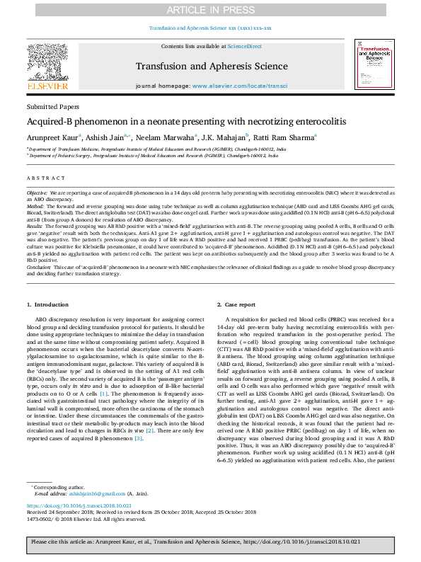 (PDF) Acquired-B phenomenon in a neonate presenting with necrotizing ...