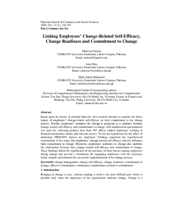 (PDF) Linking employees change-related self-efficacy, change readiness ...