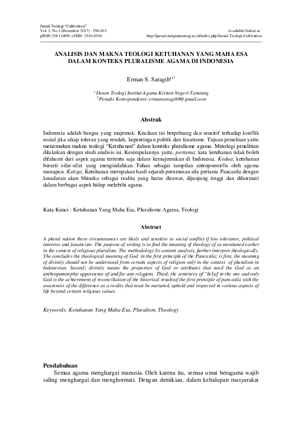 (PDF) Analisis Dan Makna Teologi Ketuhanan Yang Maha Esa Dalam Konteks Pluralisme Agama DI Indonesia