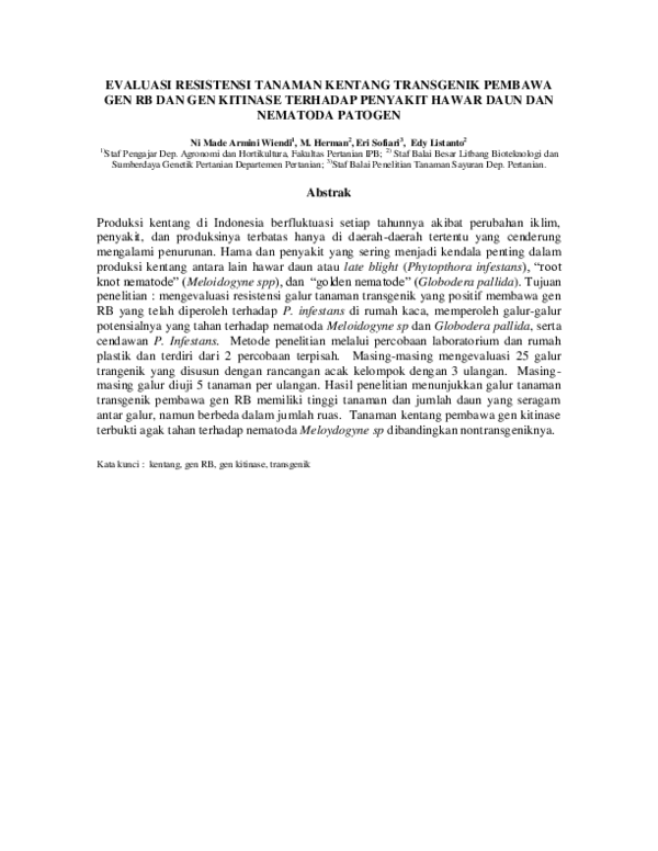 (PDF) Evaluasi Resistensi Tanaman Kentang Transgenik Pembawa Gen RB dan ...