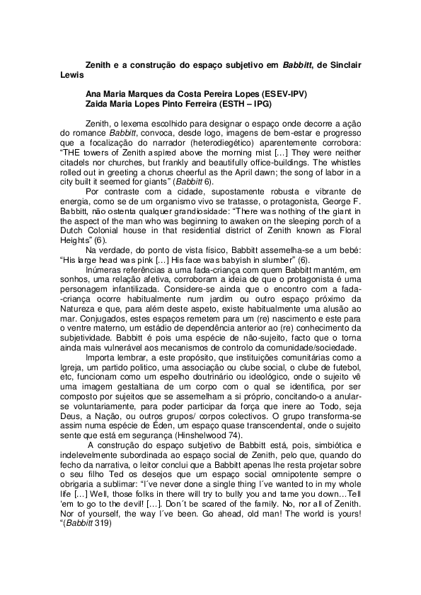 (PDF) Zenith e a construção do espaço subjetivo em Babbitt, de Sinclair ...