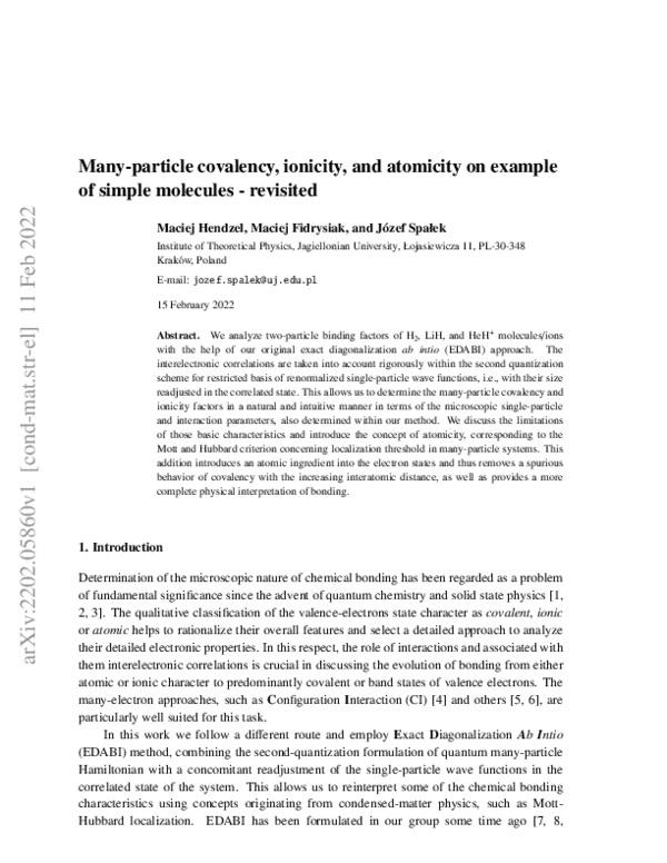(PDF) Many-particle covalency, ionicity, and atomicity revisited for a few simple example molecules