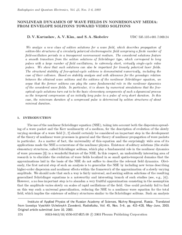 (PDF) Nonlinear Dynamics of Wave Fields in Nonresonant Media: From Envelope Solitons toward ...