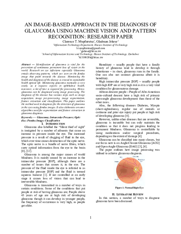 Doc An Image Based Approach In The Diagnosis Of Glaucoma Using Machine Vision And Pattern