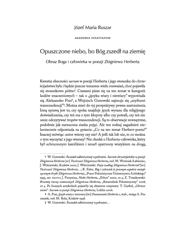 (PDF) Opuszczone niebo, bo Bóg zszedł na ziemię. Obraz Boga i człowieka w poezji Zbigniewa Herberta