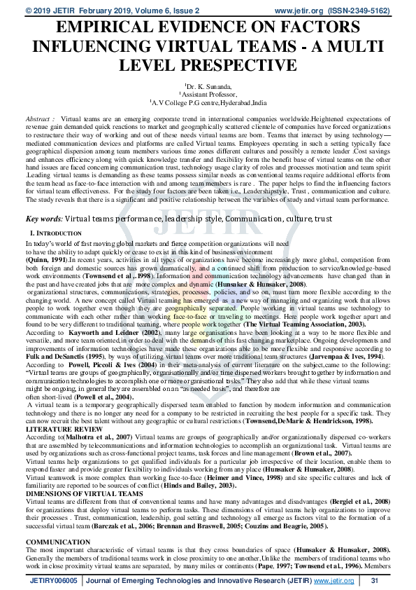 (PDF) Empirical Evidence on Factors Influencing Virtual Teams-A Multi