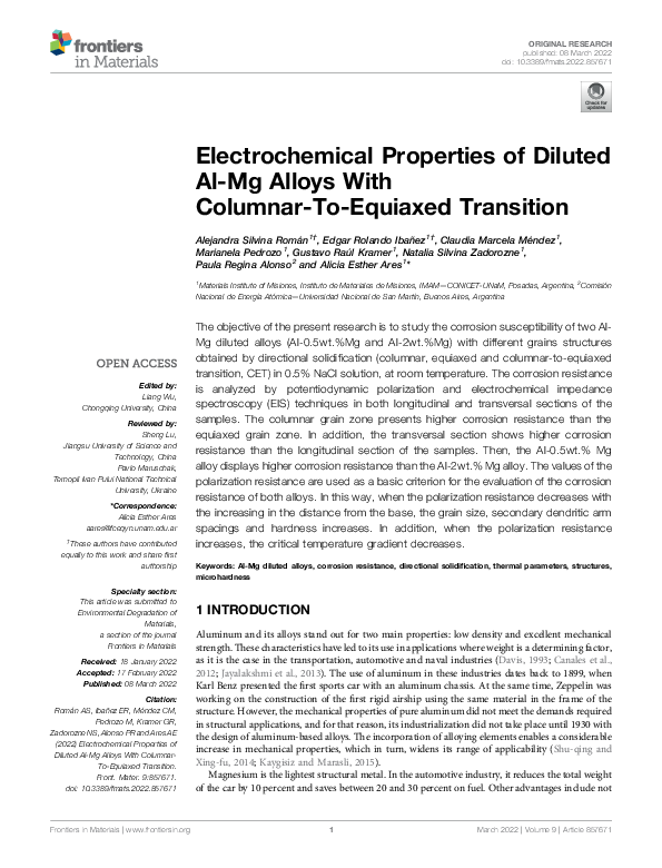 Pdf Electrochemical Properties Of Diluted Al Mg Alloys With Columnar To Equiaxed Transition