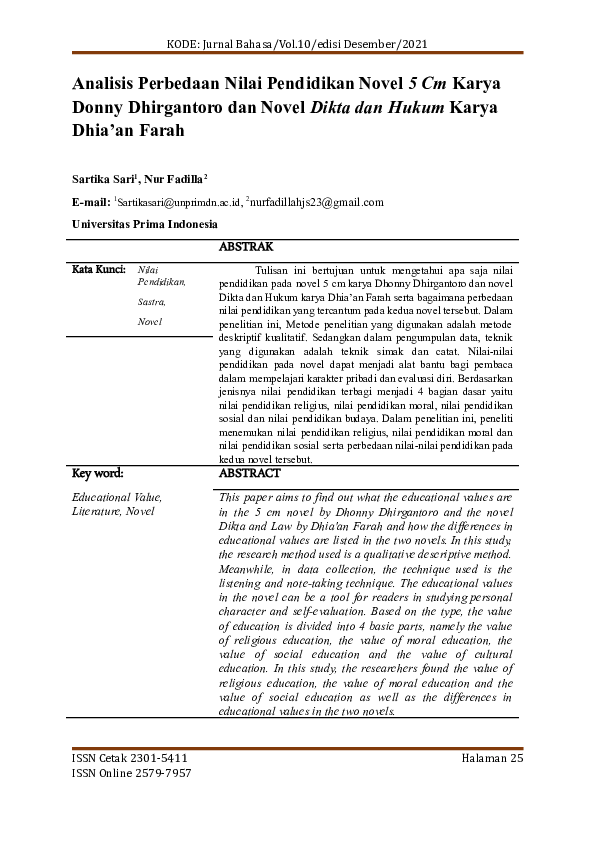 (PDF) Analisis Perbedaan Nilai Pendidikan Novel 5 Cm Karya Donny Dhirgantoro dan Novel Dikta dan ...