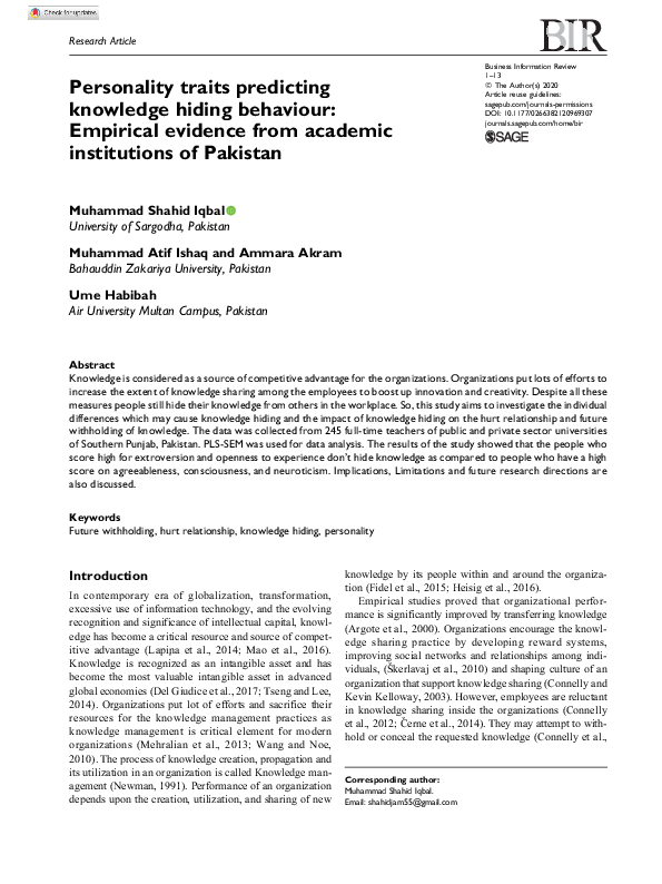(PDF) Personality traits predicting knowledge hiding behaviour ...