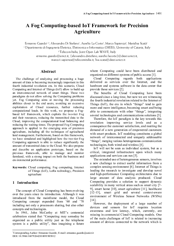 (PDF) A Fog Computing-based IoT Framework for Precision Agriculture
