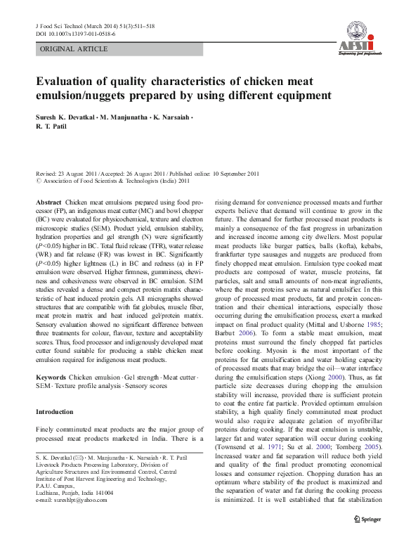 (PDF) Evaluation of quality characteristics of chicken meat emulsion/nuggets prepared by using ...