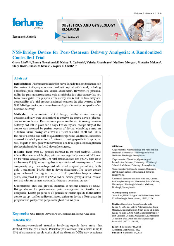 (PDF) NSS-Bridge Device for Post-Cesarean Delivery Analgesia: A ...