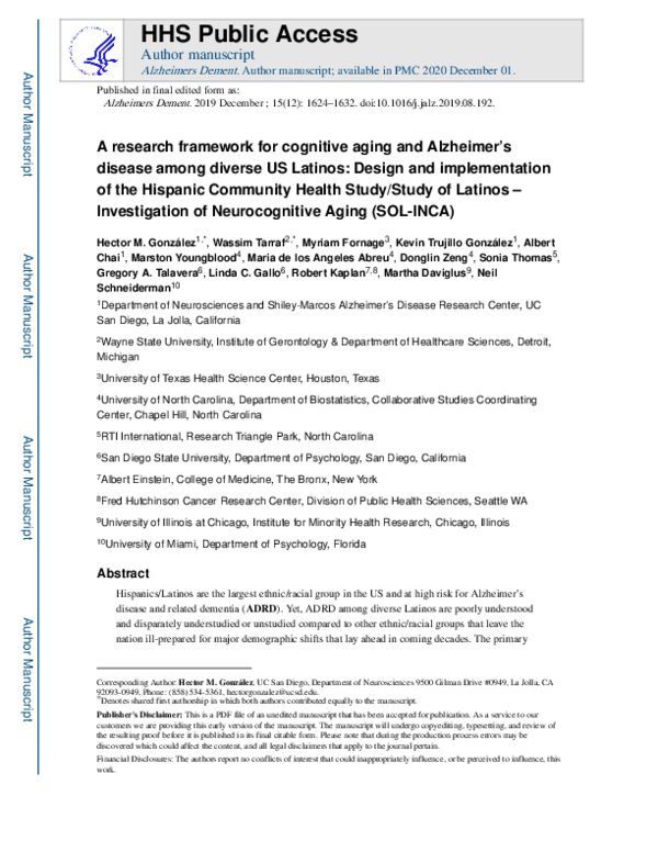 (PDF) A research framework for cognitive aging and Alzheimer's disease ...