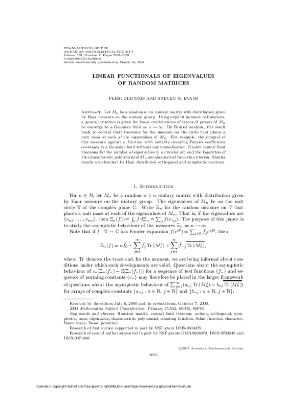 Pdf Linear Functionals Of Eigenvalues Of Random Matrices