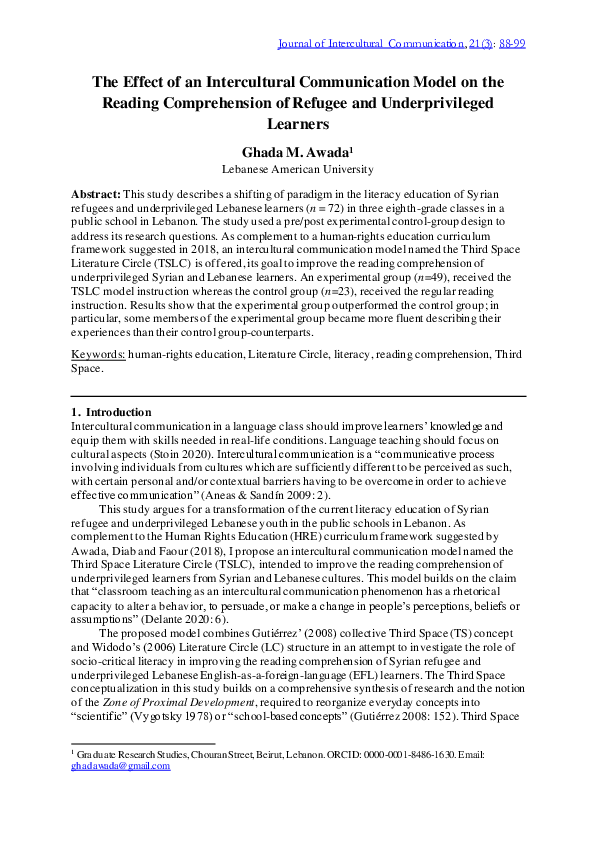 (PDF) The Effect of an Intercultural Communication Model on the Reading Comprehension of Refugee ...
