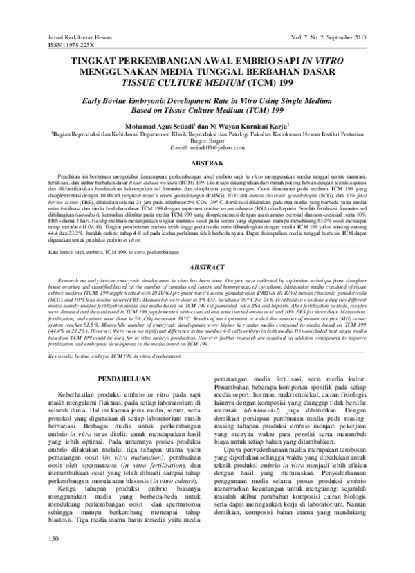 (PDF) Tingkat Perkembangan Awal Embrio Sapi in Vitro Menggunakan Media ...