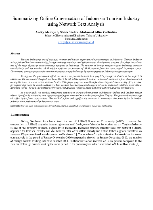 (PDF) Summarizing Online Conversation of Indonesia Tourism Industry using Network Text Analysis