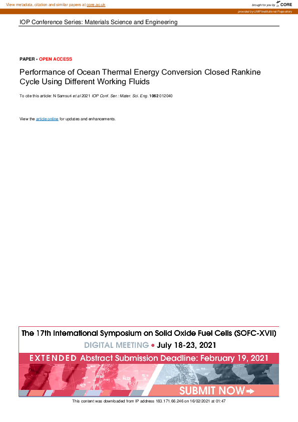 (PDF) Performance of Ocean Thermal Energy Conversion Closed Rankine Cycle Using Different ...