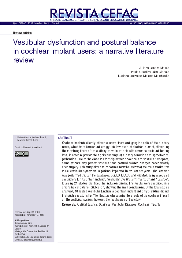 (PDF) Vestibular dysfunction and postural balance in cochlear implant ...