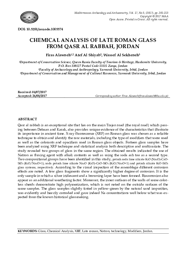 (PDF) Chemical Analysis Of Late Roman Glass From Qasr Al Rabbah, Jordan