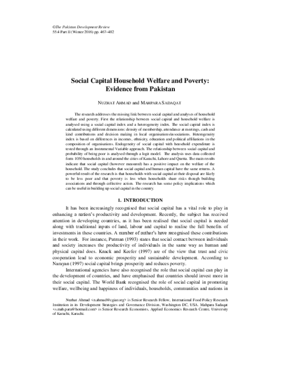(PDF) Social Capital Household Welfare and Poverty: Evidence from Pakistan