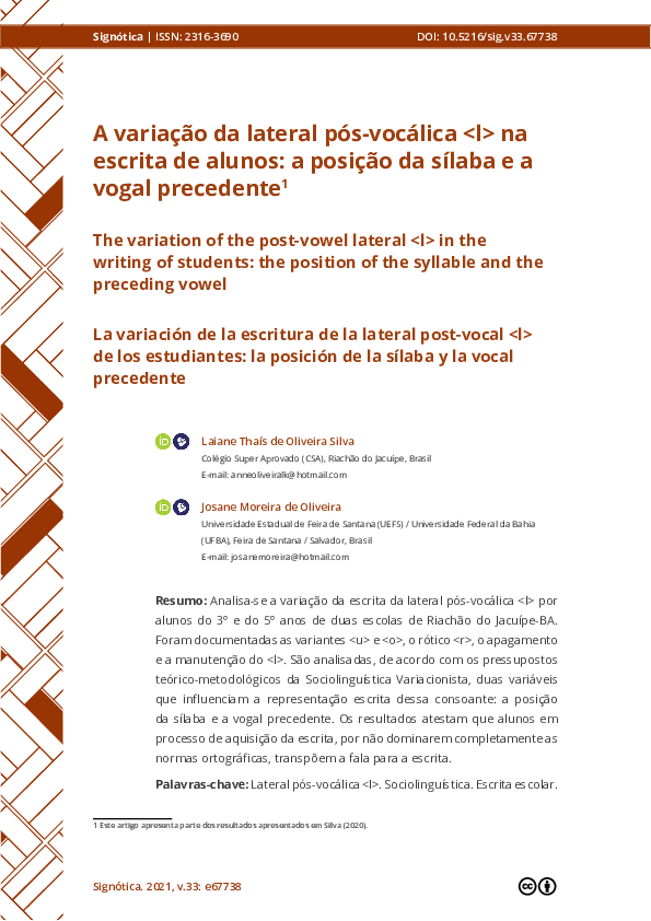 (PDF) A variação da lateral pós-vocálica na escrita de alunos: a ...