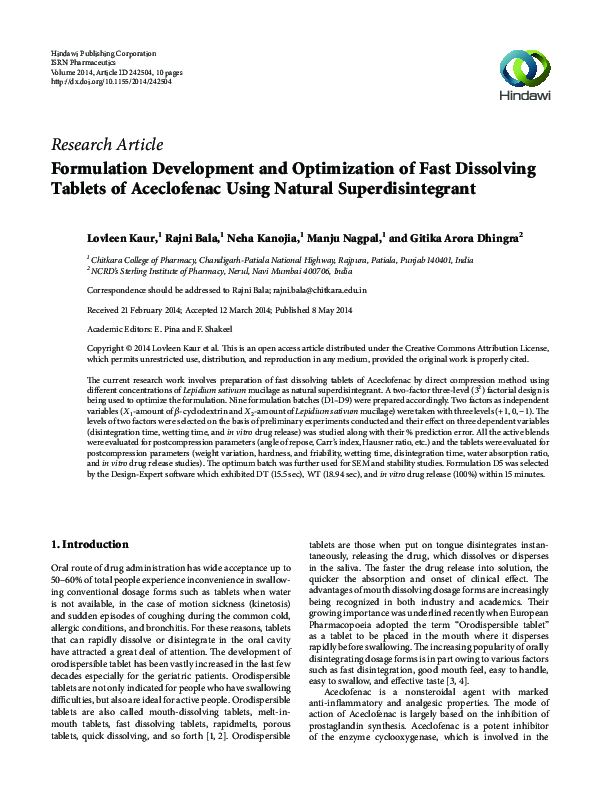 Pdf Formulation Development And Optimization Of Fast Dissolving Tablets Of Aceclofenac Using