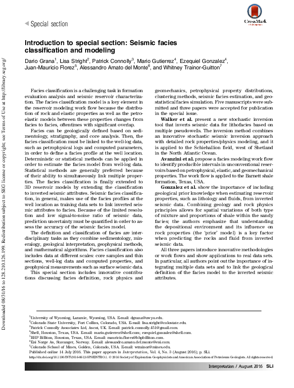 (PDF) Introduction to special section: Seismic facies classification and modeling