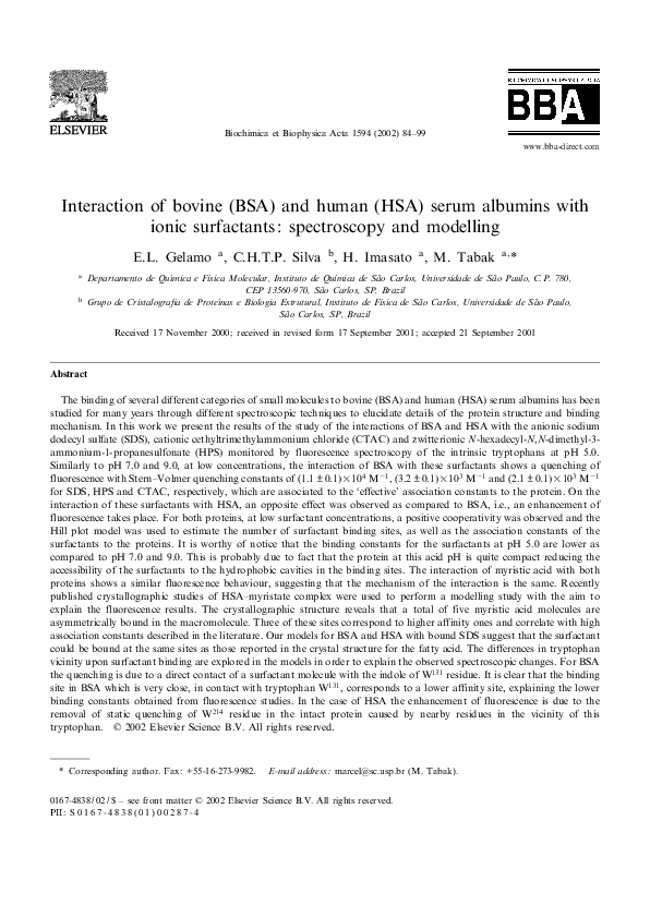 (PDF) Interaction of bovine (BSA) and human (HSA) serum albumins with ...