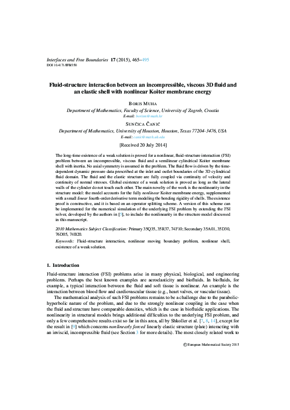 (PDF) Fluid-structure interaction between an incompressible, viscous 3D fluid and an elastic ...