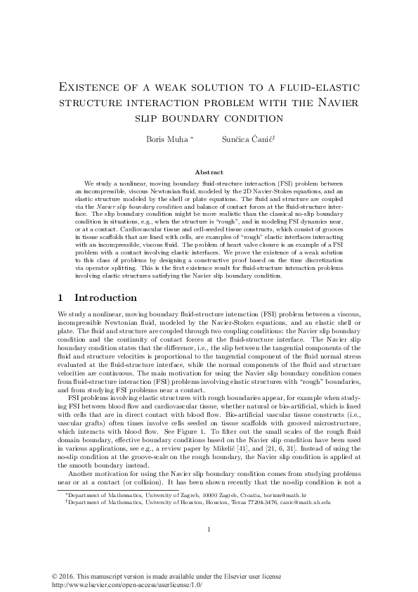 (PDF) Existence of a weak solution to a fluid–elastic structure interaction problem with the ...