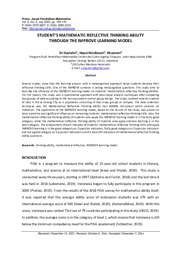 (PDF) Improving Student's Mathematic Reflective Thinking Ability Through the Improve Learning Model